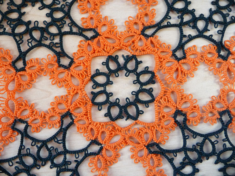 Tatting orange green doily - FairyLace - tatting square doily