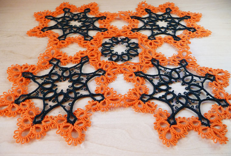 Tatting orange green doily - FairyLace - tatting square doily