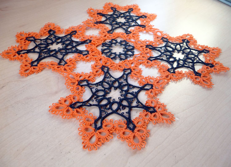 Tatting orange green doily - FairyLace - tatting square doily