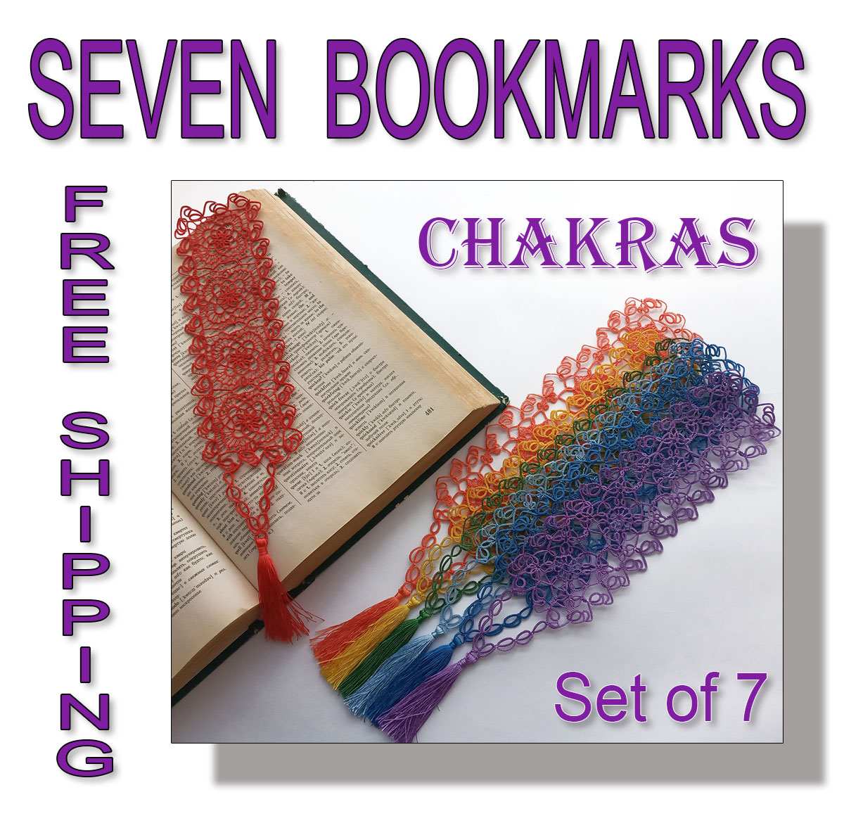 Seven Bookmarks Chakras - FairyLace - tatting lace bookmarks, set of 7